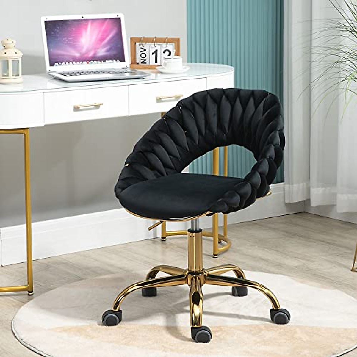 Ufurpie Cute Velvet Desk Chair for Home Office,Modern Vanity Chair,Height Adjustable Swivel Rolling Comfy Chair Computer Chair with Gold Legs for Living Room Bedroom,Black