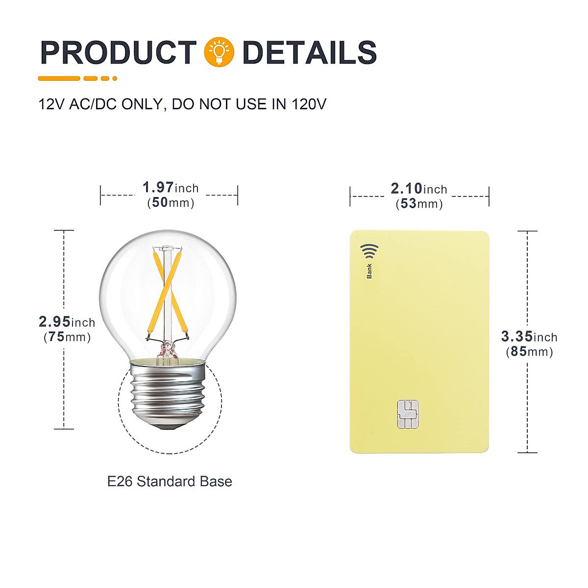 TOKCON 12 Volt Low Voltage LED Light Bulbs - Soft Warm 2700K 2W (Only for 12V DC/AC)- 25W Equivalent E26 Edison Base Small Globe Bulb for RV, Landscape Lights - 3 Pack