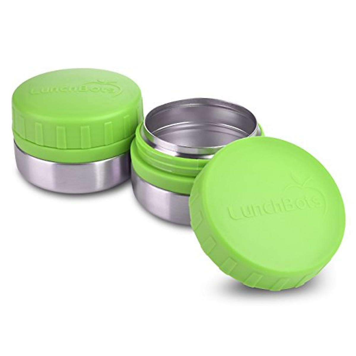 LunchBots Rounds Leak Proof 4 oz. Stainless Snack Container Jar, Set of 2, Green Lids