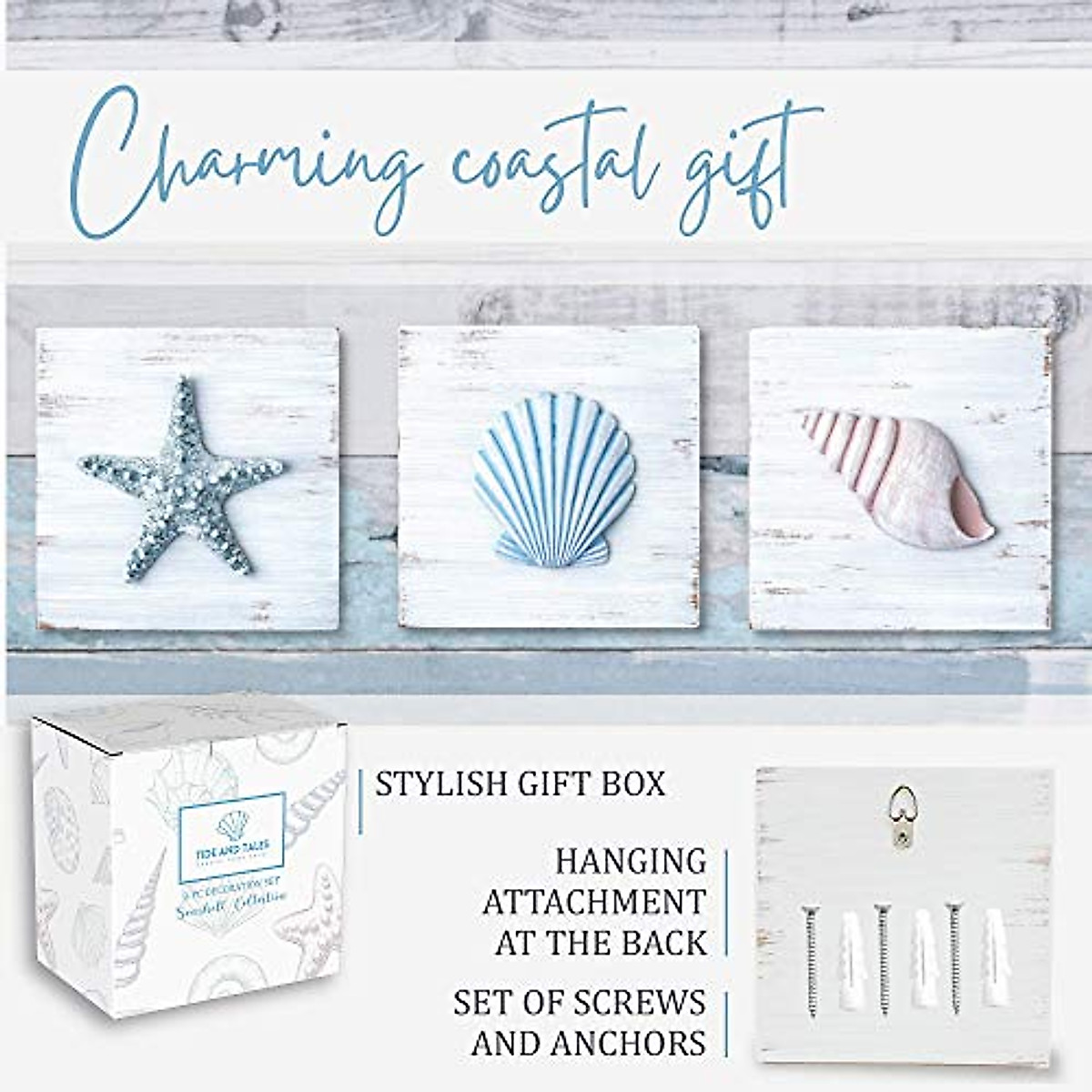 TideAndTales 3D Seashell Art - Set of 3, 6”x6” Beach Wall Decor for Bathroom, Hand-Painted Rustic Shells and Starfish, Ocean Theme Coastal Decorations for Home or Beach House