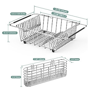 Sink Dish Drying Rack, 304 Stainless Steel Rustproof Expandable Dish Drainer Organizer with Stainless Steel Silverware Holder Over Inside Sink-Adjustable 14.96" to 20.59" （Maximium 13 Upright Dishes ）