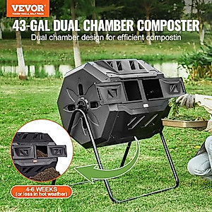 VEVOR Compost Bin, 43-Gal Dual Chamber Composting Tumbler, Large Tumbling Rotating Composter with 2 Sliding Doors and Steel Frame, BPA Free Composter Bin Tumbler for Garden, Kitchen, Yard, Outdoor