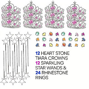 Neliblu Princess Pretend Play Dress Up Set - 12 Tiaras, 12 Wands, 24 Rings, Costume Jewelry, Accessories for Girls Dress Up Party, Ages 3-5
