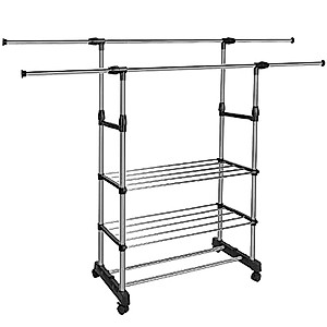 Moclever Garment Rack With Shelves, Clothing Rack With Wheels Extendable Double Rod Clothing Rack For Hanging Clothes, Rolling Clothes Organizer On Lockable Wheels Mobile Hold Up To 77lbs