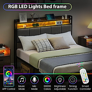 IDEALHOUSE Full Bed Frame with 2-Tier Storage Headboard, Upholstered Platform Bed Frame with 2 Storage Drawers, Built in Charging Station & LED, Noise-Free/Metal Support/No Box Spring Needed, Grey