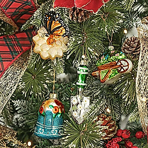 WBHome Christmas Glass Ornaments, Hand Crafted Butterfly, Trowel, Wheelbarrow, Watering Can Tools Ornaments Set for Christmas Tree, Traditional Xmas Decorations Gifts, 4pcs