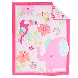 Brandream Crib Bedding Sets for Girls Pink Garden Elephant Parrot Birds 3-Piece Nursery Set | Baby Comforter, Fitted Crib Sheet, Crib Skirt Included, Floral Animal Collection