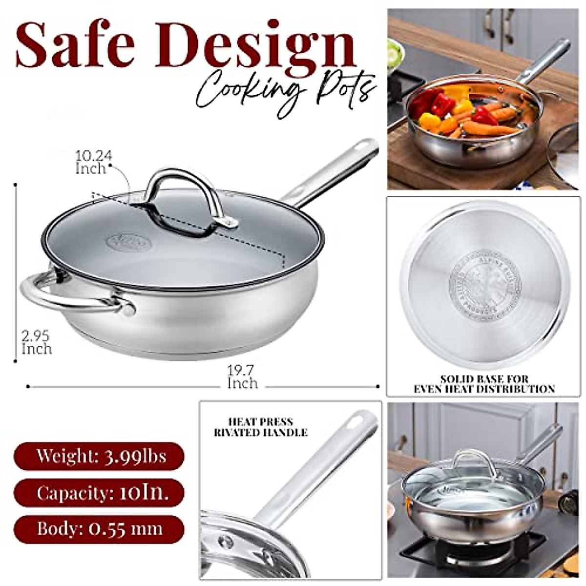 Alpine Cuisine Cookware Set 12-PC Belly Shape - Stainless Steel Cookware Sets with Lid, Stove Top Cookware Set for Healthy Cooking, Comfortable Handles, Dishwasher Safe & Easy to Clean