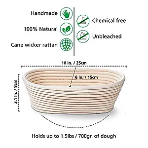 HOMEADOW Banneton Bread Proofing Basket For Rising Dough- 8 Pcs Kit: 10 inch Oval Brotform, Linen Liner, Bread Lame, Bench Scraper, Dough Scraper, Stencils, Silicone Baking Mat, Bread Bag | Sourdough