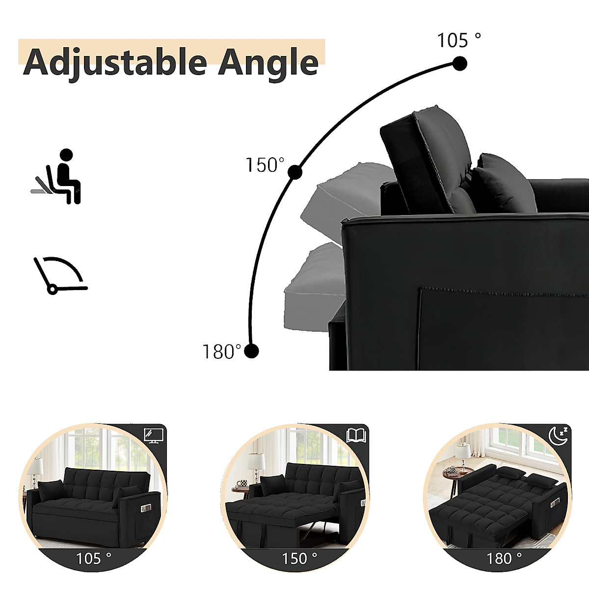 Suheww Black Pull Out Sofa Bed, 3 in 1 Convertible Small Couch for Bedroom,2 Seater Sofa Cama with Adjustable Backrest Velvet Futon Chaise Lounge for Small Spaces Living Room Office