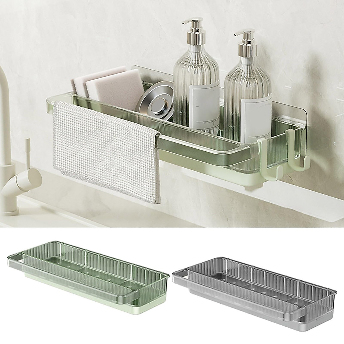 Tacarlha Wall-Mounted Kitchen Sponge Towel Rack Anti-Rust Storage Organizer Space-Saving Bathroom Shelf Multifunctional Adjustable Green