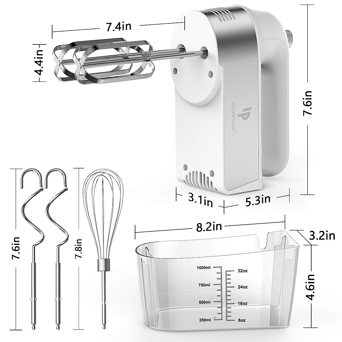 Hand Mixer Electric, 450W Kitchen Mixers with Scale Cup Storage Case , Turbo Boost / Self-Control Speed + 5 Speed + Eject Button + 5 Stainless Steel Accessories , For Easy Whipping Dough ,Cream ,Cake