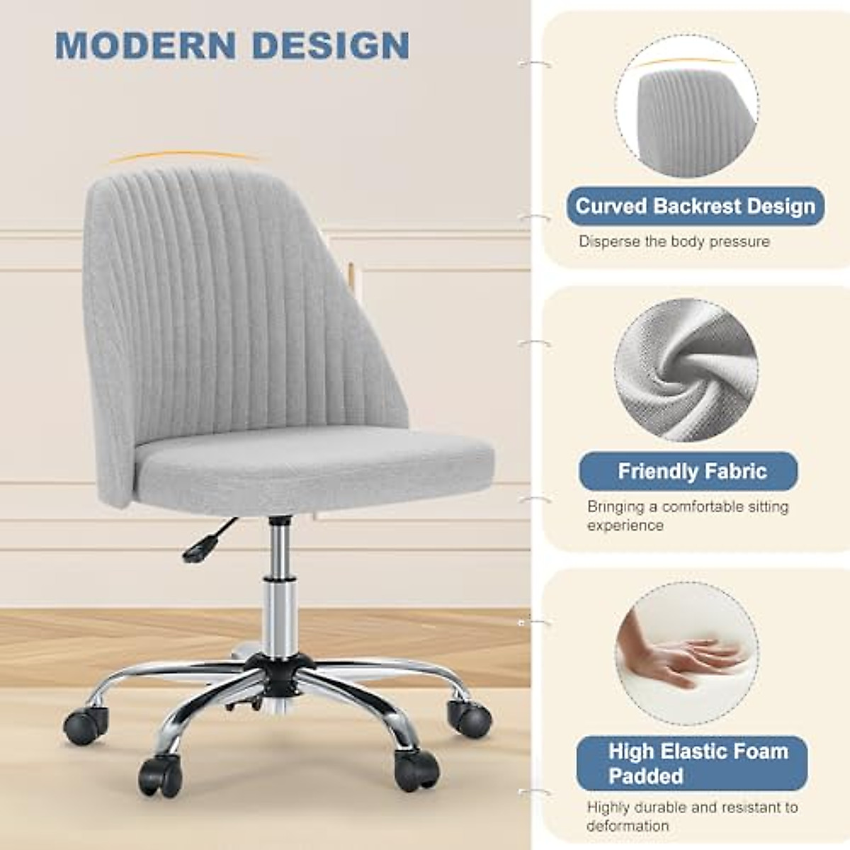 DUMOS Fashion Small Wheels Cute Vanity Swivel Back Mid Century Modern Armless Home Desk Task Chair for Bedrooms, Office, Dressing Room, Study, Grey