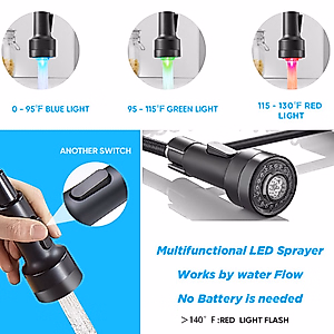 Black Kitchen Faucet with Pull Down Sprayer, WOTOKOL Solid Brass Kitchen Faucets Sprayer Spring Single Handle Commercial Kitchen Sink Faucet with LED Light