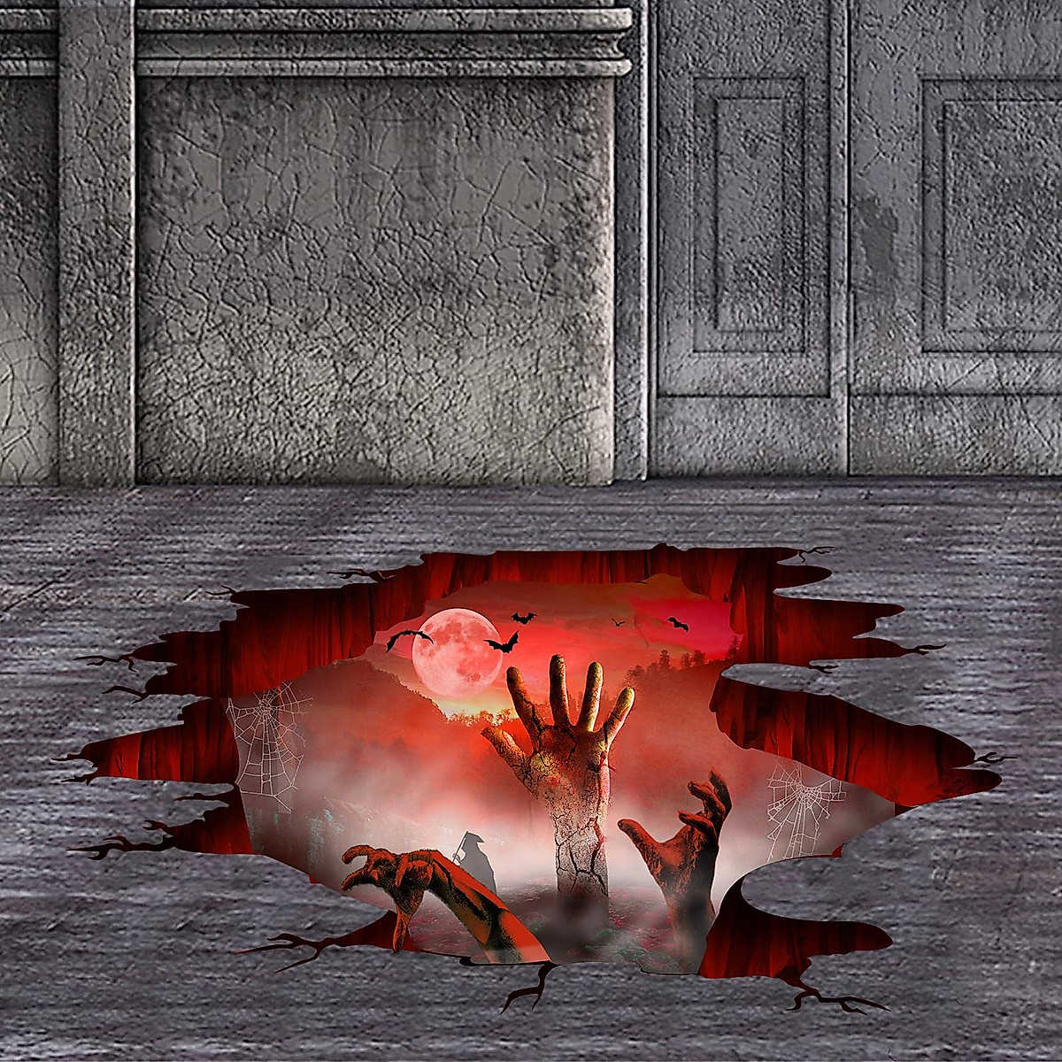 Scary Halloween Floor Wall Stickers 3D Ghost Floor Decals Art Decorations, Red Moon Cobweb Zombie Wall Floor Stickers Ghost Hands Scratching Decals for Living Room Bar Pub