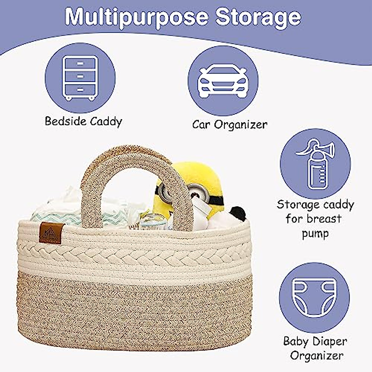 Mojoohouse Baby Diaper Caddy, Nursery Storage Bin and Car Organizer for Diapers and Baby Wipes, Cotton Rope Diaper Basket Caddy, Changing Table Diaper Storage Caddy Baby Gift Baskets, (WHITE-BROWN)