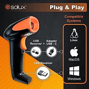 SOLUX 1D 2D Compact Barcode Scanner - Barcode Scanner Wireless & Wired QR Code Scanner - Bluetooth Scanner with USB & USB-C Receiver - Wireless Scanner Barcode Plug & Play