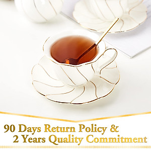 DUJUST 3 pcs Porcelain Tea Cup and Saucer Set with Tea Spoon, Luxury British Style Tea/Coffee Cup Set with Golden Trim, Beautiful Tea Set for Living Room Decoration & Tea Party