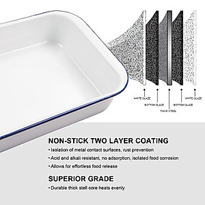 Webake Enamelware 9x13 Baking Pan Oblong Cake Pan Enameled Steel Roasting Pan Baking Dish Lasagna Pan Food Containers, Solid White with Blue Rim