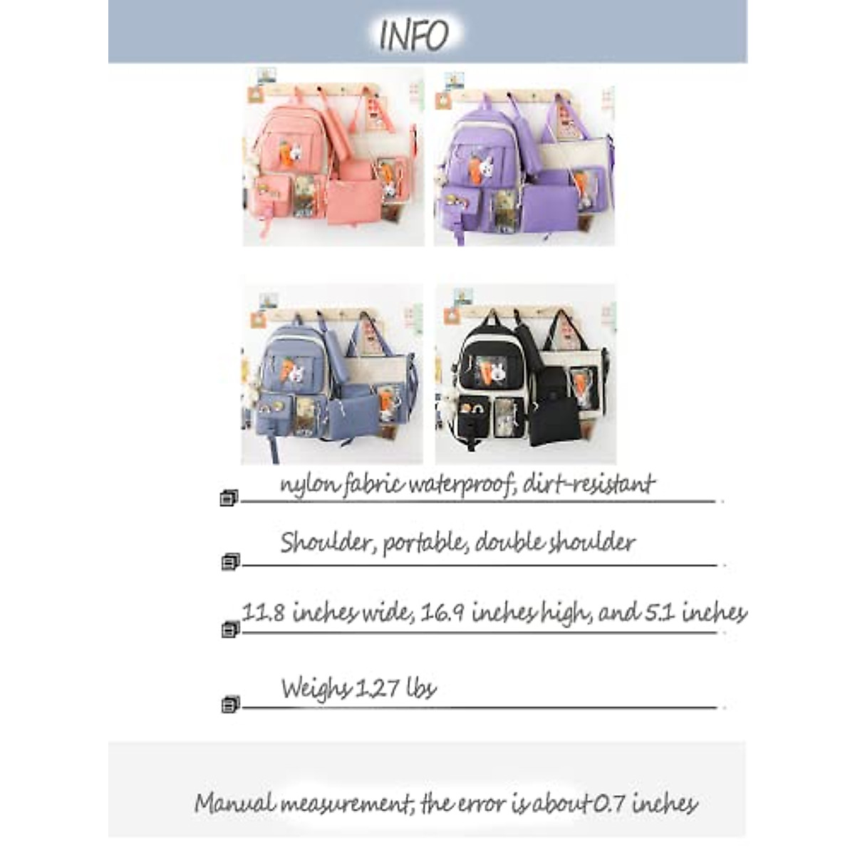 Kawaii Backpack Pins Accessorie 4Pcs Set Cute Kawaii Rucksack for School Bag Cute Aesthetic Backpack