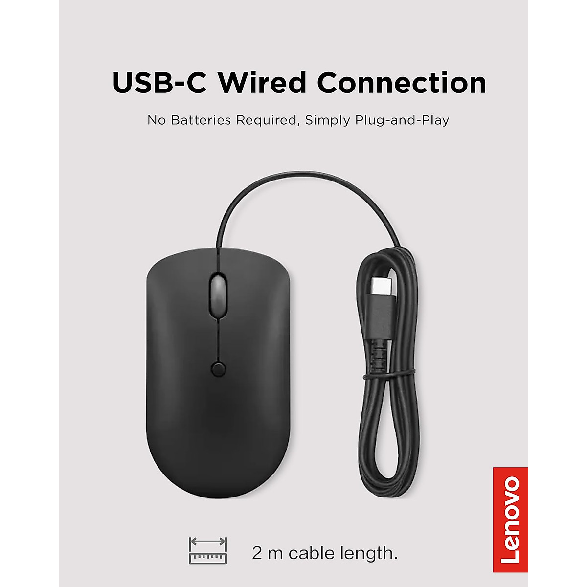 Lenovo 400 USB-C Compact Wired Mouse – Pocket Friendly Portable Mouse for Notebook or Large Computer Monitor, Black
