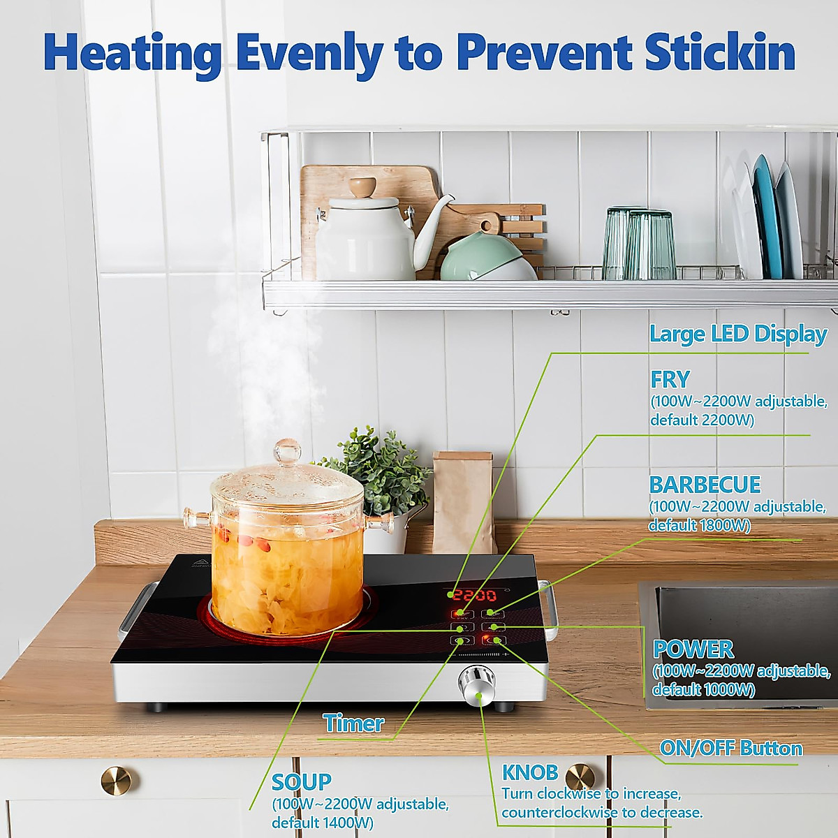 SizzleCook Infrared Hot Plates for Cooking Electric Stove Top, Portable Small Countertop Single Burner with Knob Control, 2200W Ceramic Glass Infrared Camp Stove