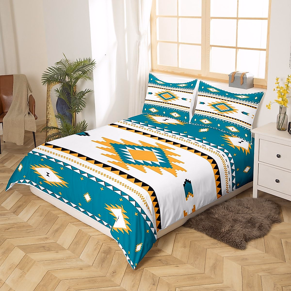 Erosebridal Boho Lattice Duvet Cover Queen, Aztec Bedding Set, Bohemian Navajo Ethnic Retro Yellow Striped Exotic Western Tribal Comforter Cover Teal Medallion Egyptian Bedroom Decor Quilt Cover