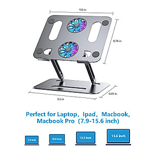 YICOSUN Laptop Stand with Fan Cooling | Foldable Holder for 12" 14" 15" 16" Tablet MacBook & Pro, Mac, Surface | Powerful Laptop Cooler Stand for Working, Gaming, Dj | Grey Aluminum Breathable Tray