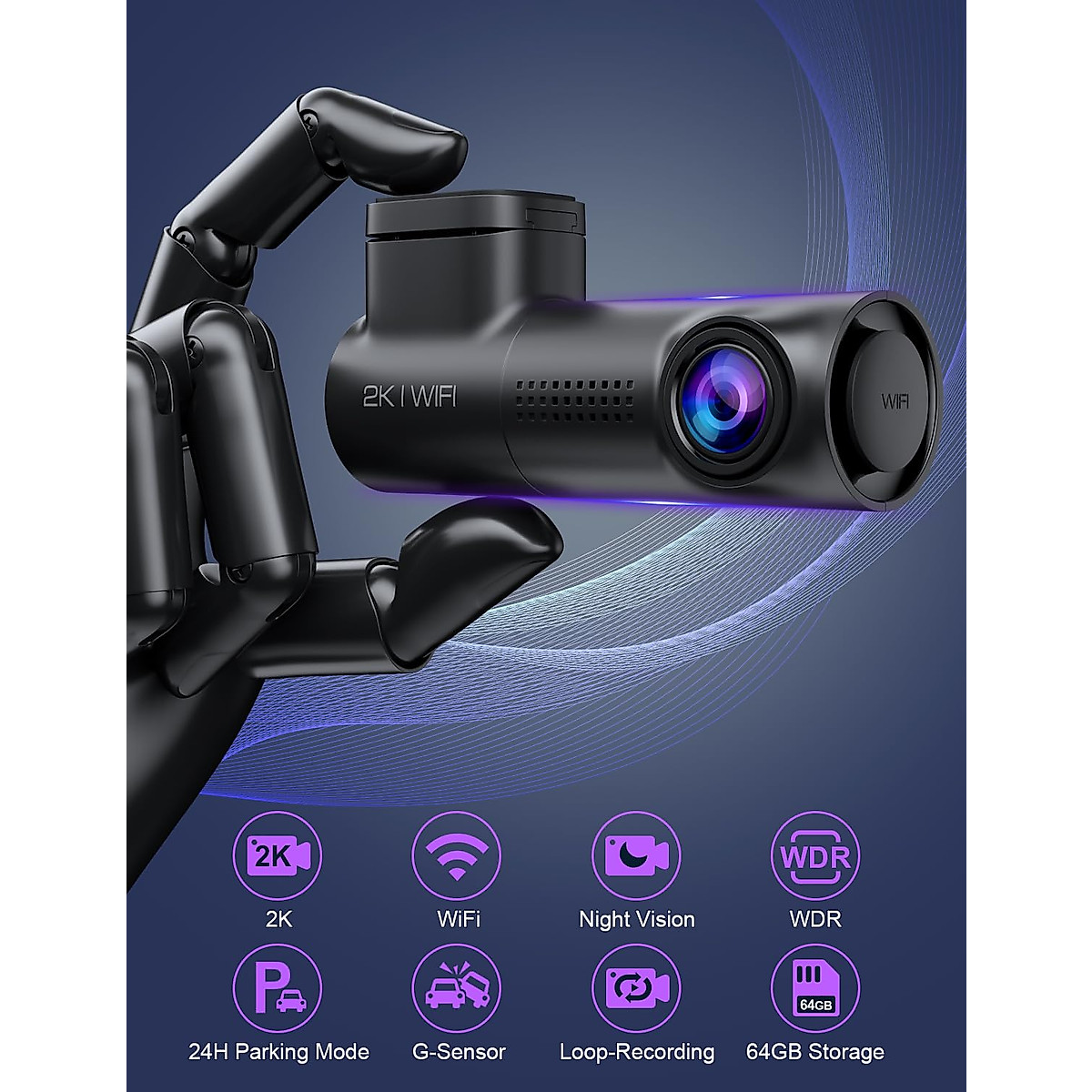 OMBAR Dash Cam 2K Built-in WiFi, Dash Camera for Cars with 0.96" LCD Display, Car Camera with 64G SD Card, Night Vision, Loop Recording, G-Sensor, 24 Hours Parking Monitor, APP, 150°Wide Angle