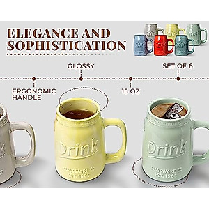 Mason Jar Mugs - Set of 6-15oz - Ceramic, Vibrant Colors - Great for Coffee, Tea, Cold/Hot Drinks, Indoor/Outdoor Parties - Farmhouse Décor