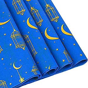 Bolsome 100 Sheets 20 * 14 Inches Eid Mubarak Tissue Wrapping Paper Blue and Gold Tissue Paper for Gift Bags for Ramadan Eid Al-fitr Gift Wrapping and DIY Crafts