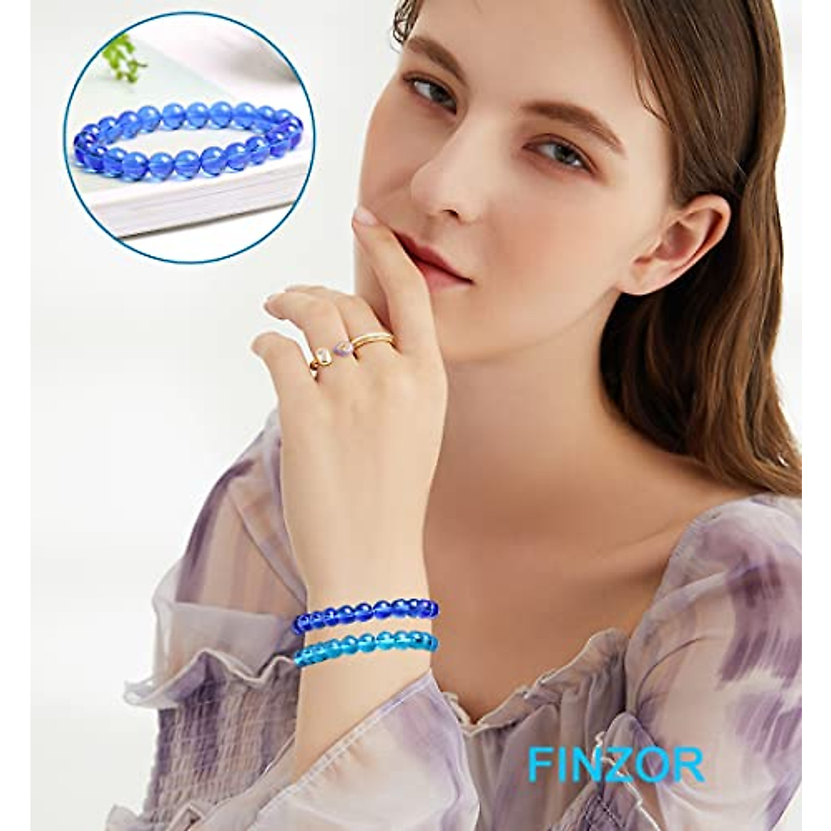 FINZOR 15Pcs 8mm Beaded Stretch Bracelet Handmade Round Glass Bracelet for Women Multicolor Matte Beads Elastic Bracelet Shining Beads Wristband Valentines Jewelry