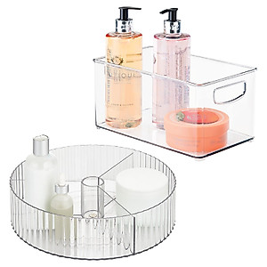 mDesign Plastic Stackable Bin with Handles and 11.5" Round Fluted Lazy Susan Turntable Divided Spinner Combo Set for Organization in Bathroom, Closet, Cabinet, or Vanity Countertop - Set of 2 - Clear