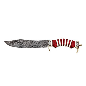 Damascus Steel Hunting Knife - Fixed Blade Knives with Sheath - Handle Combination of Walnut Wood and Camel Bone with Brass Spacer (RW)