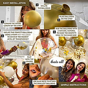 White and Gold Balloon Garland Kit with Gold Silver Confetti - Easy to Assemble 100pcs Premium White and Gold Balloons for Birthday Party - Gold and White Balloon Arch Kit for Baby Shower Balloon Arch