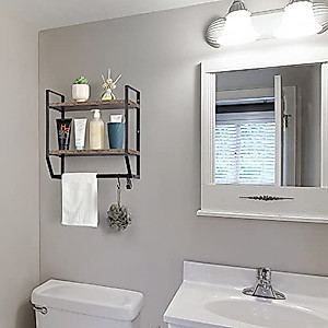 Vrisa Bathroom Wall Shelf with Towel Bar Bathroom Shelves Wall Mounted 2 Tier Towel Rack with Shelf and 5 Hooks Rustic Storage Organizer for Kitchen Bedroom (Brown+Black)