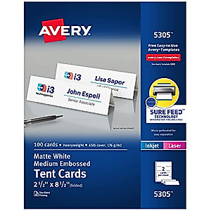 Avery Printable Tent Cards with Sure Feed Technology, 2.5" x 8.5", White with Embossed Border, 100 Blank Place Cards for Laser or Inkjet Printers (05305)