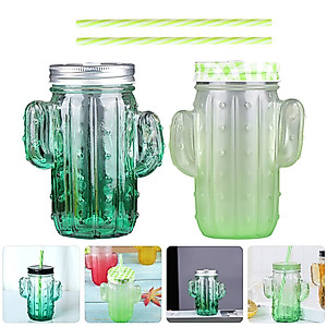 SEWACC 2 Sets Cactus Drinking Glasses Plant Shape Glass Straw Cup Creative Cute Shot Glasses Water Cups Iced Coffee Cup Wide Mouth Bubble Cups for Cocktail Beverage 400ML