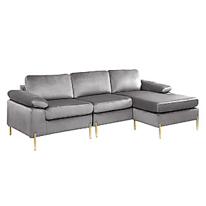 GINGVAT Velvet Upholstered Sectional Sofa, L-Shaped Chaise with Removable Back and Seat Cushions, Modern Style, Gray