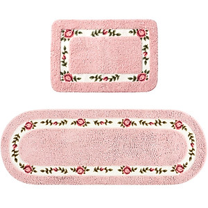 Drydiet 2 Pcs Rose Flowers Coquette Bathroom Rugs Set Coquette Bathroom Bedroom Living Room Decor,Floral Flower Rugs for Bedroom Non Skid Absorbent Romantic Rose Flower Area Rugs 2 Shapes(Pink,Small)