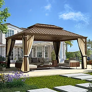 Hardtop Gazebo 12' x 16' W/Steel Double Roof, Anti-Rust Coating Aluminum Frame Permanent Outdoor Waterproof Pavilion w/Curtains & Netting, Hard Top Gazebo for Patio Backyard Garden Lawn Parties, Brown