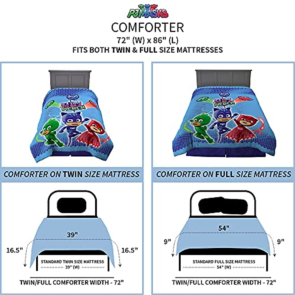 Franco Kids Bedding Super Soft Microfiber Reversible Comforter, Twin/Full, PJ Masks