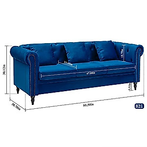 kinmars Chesterfield Sofa Velvet,3 Seater Couch Furniture,Couches for Living Room with Deep Button Tufting,Large Sofa with Rolled Arms (Blue)