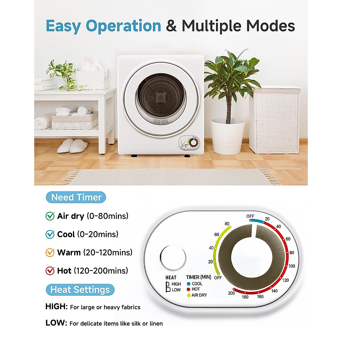 Feelfunn 110V Portable Dryer – 850W Compact Clothes Dryer with 4 Automatic Drying Modes, Stainless Steel Tub, Simple Control Knob for Apartments, Dorms & Small Spaces