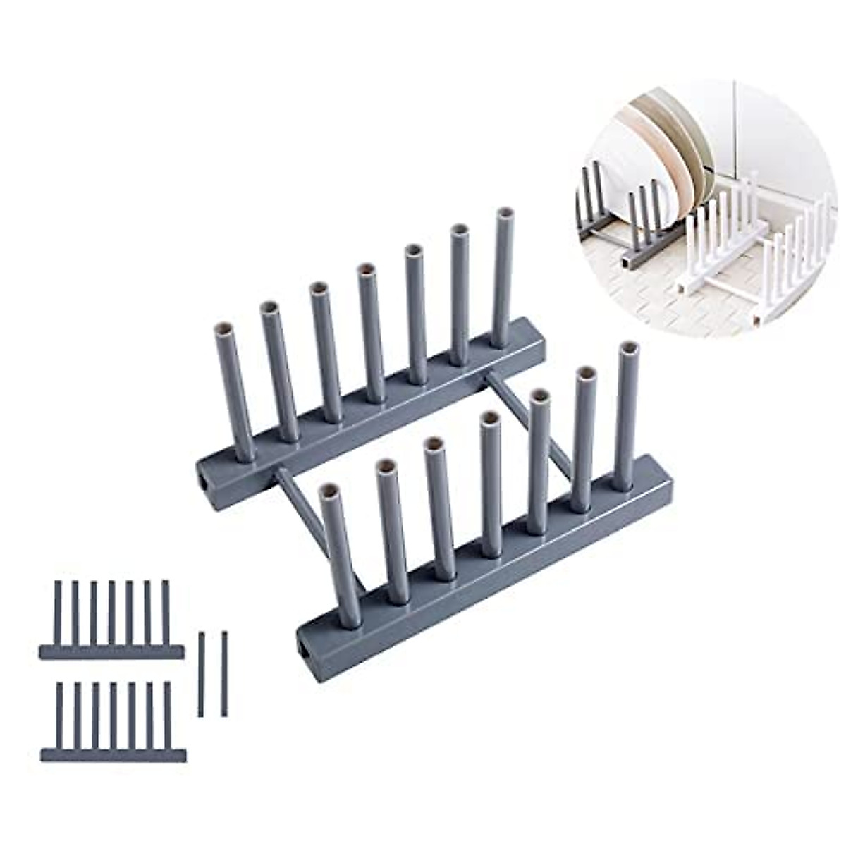 Halyuhn Gray Plate Racks Organizer for Cabinet, 4 Pack Plastic Plate Rack Stand Keep Dry for Dish, Bowl, Cutting Board, Bakeware, Serving Tray and More, Desk Mail Sorter Organizer 6 Slots Removable