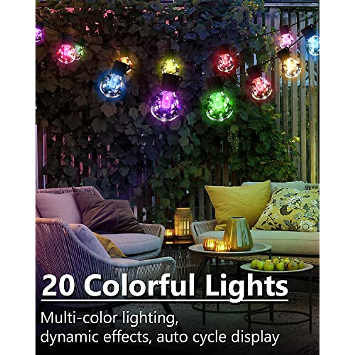 Solar String Lights Outdoor Waterproof RGB, 50Ft App& Remote Control Solar Powered Patio Lights with 25 LED, Dimmable Music Hanging Lights for Balcony Deck Gazebo Pergola Camping Decor
