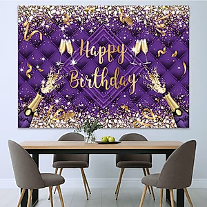 7x5ft Glitter Diamond Headboard Happy Birthday Backdrop Champagne Birthday Photography Background Purple Adult Happy Birthday Party Banner Supplies Photo Booth Props (DLH0D712UU)