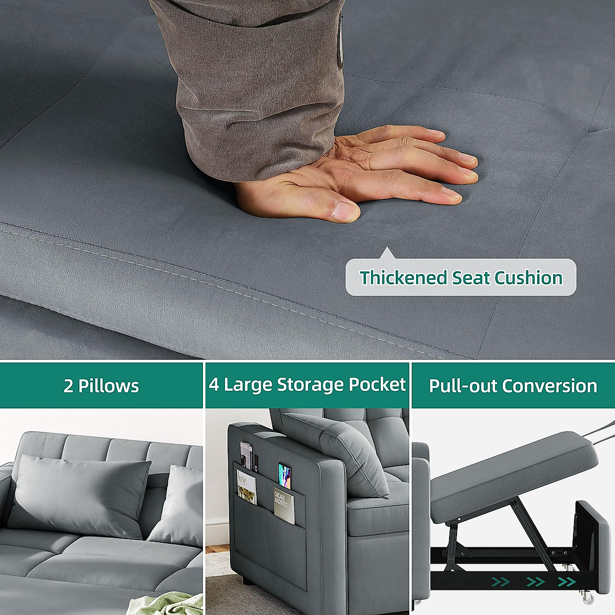 YITAHOME 55" Convertible Sofa Bed, 3-in-1 Sleeper Sofa with Pull-Out Bed, Velvet Futon Couch with Reclining Backrest and Side Pocket, Modern Loveseat for Living Room, Grey, Full Size