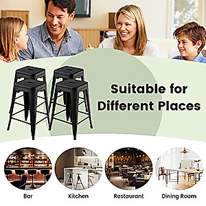 COSTWAY Bar Stools Set of 4, 24” Stackable Metal Stools with Square Seat & Handing Hole, X-Shaped Reinforced Design, Backless Bar Chairs for Kitchen, Dining Room, Pub (Black, 24‘’)