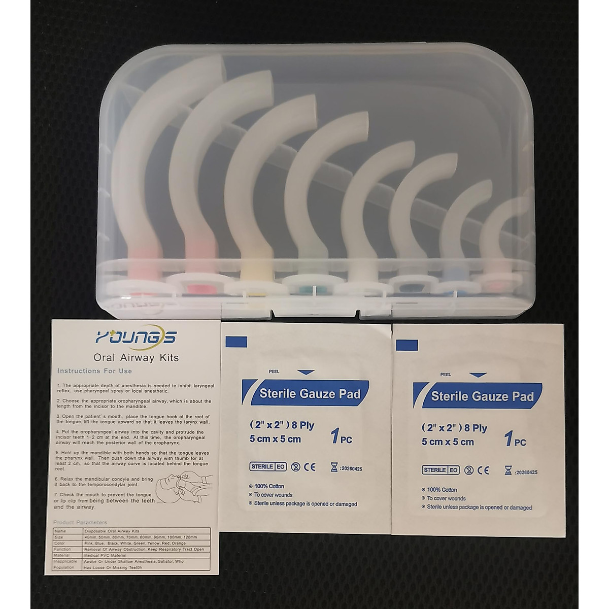Multi-Color Disposable Oral Airway Tube for First Aid,Airway Kits 8 Pieces with Plastic Case with 2Pcs Sterile Gauze Swabs